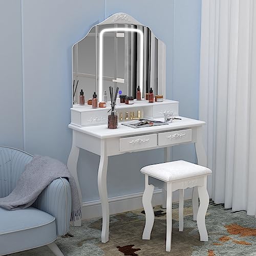 JIFULI Vanity Desk with Mirror and Lights, Makeup Vanity, White Vanity Mirror with Lights Desk and Chair, 4 Drawers Makeup Table with Lighted Mirror, 3 Lighting Colors, White