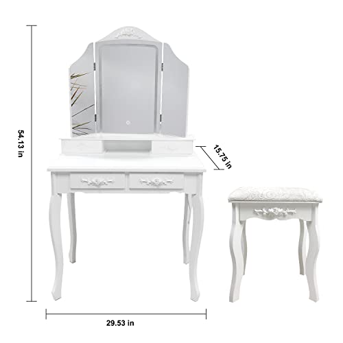 JIFULI Vanity Desk with Mirror and Lights, Makeup Vanity, White Vanity Mirror with Lights Desk and Chair, 4 Drawers Makeup Table with Lighted Mirror, 3 Lighting Colors, White