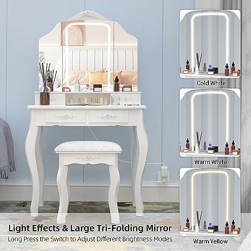 JIFULI Vanity Desk with Mirror and Lights, Makeup Vanity, White Vanity Mirror with Lights Desk and Chair, 4 Drawers Makeup Table with Lighted Mirror, 3 Lighting Colors, White