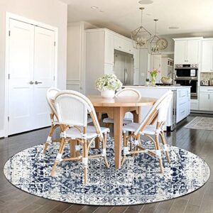 RoomTalks Blue Ultra Thin Vintage Distressed Persian Around Area Rug 5ft Non-Slip Circle Rugs for Bedroom Living Room Dining Room Table Office Flatweave Stain Resistant Machine Washable