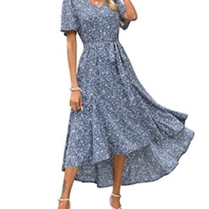 Maggeer 2023 Womens Casual Summer Dresses Short Sleeve Cute V Neck Ruffle Boho A Line High Low Flowy Swing Beach Modest Floral Maxi Dress with Pockets Dusty Blue XL