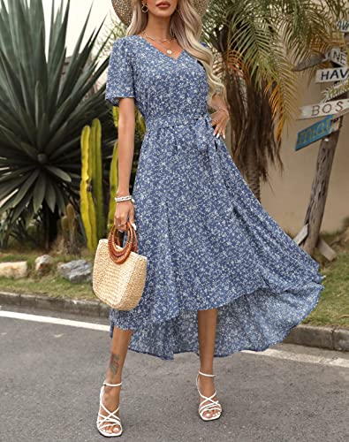 Maggeer 2023 Womens Casual Summer Dresses Short Sleeve Cute V Neck Ruffle Boho A Line High Low Flowy Swing Beach Modest Floral Maxi Dress with Pockets Dusty Blue XL