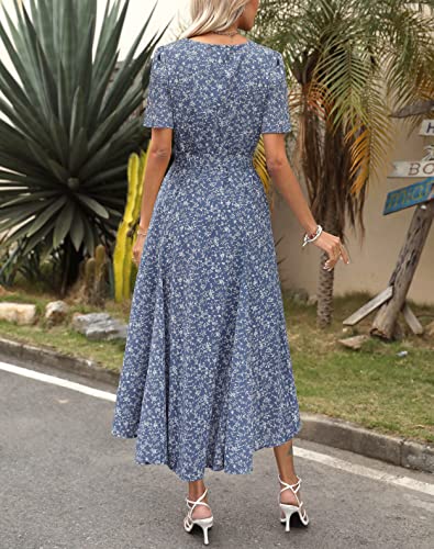 Maggeer 2023 Womens Casual Summer Dresses Short Sleeve Cute V Neck Ruffle Boho A Line High Low Flowy Swing Beach Modest Floral Maxi Dress with Pockets Dusty Blue XL