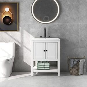 merax 24 inch bathroom vanity with ceramic sink set combo, cabinet with drawer and doors, solid wood frame with painted finish, modern style, white