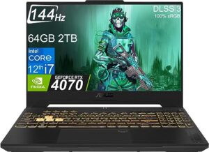 2023 asus tuf f15 15.6" 144hz fhd (intel 12th gen core i7-12700h, 64gb ram, 2tb ssd, nvidia geforce rtx 4070 8gb) rgb backlit gaming laptop, wi-fi 6, thunderbolt 4, dlss 3, mux switch, win 11 home