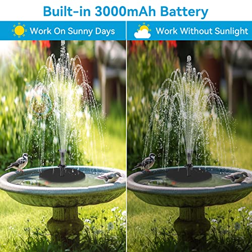 POPOSOAP Solar Fountain Pump Built-in 3000mAh Battery, 7W Solar Bird Bath Fountain Pump with 16.64Ft Cable, 10 Nozzles & PVC Tubing, Solar Pond Pump for Bird Bath Garden Fish Tank Pond Water Feature