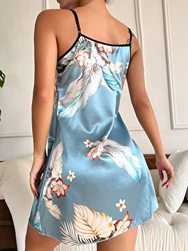 SOLY HUX Women's Floral Print Sleeveless Spaghetti Strap Slip Sleepwear Elegant Satin Cami Nightdress Baby Blue L