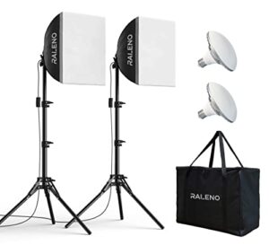 raleno® softbox lighting kit, 2 x 16'' x 16'' photography studio equipments with 50w / 5500k / 90 cri led bulbs, continuous lighting system for video recording and photography shooting