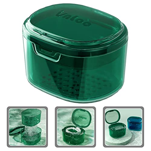 DOITOOL Denture Cleaner Green Retainer Case Portable Retainer Cleaner Case with Drain Tray, Denture Bath Braces Box Denture Box Accessories Denture Cleaner Denture Brush