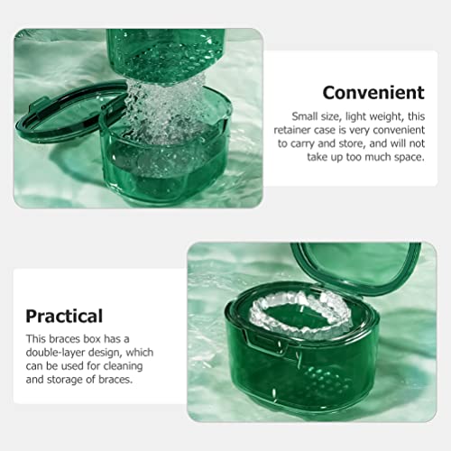 DOITOOL Denture Cleaner Green Retainer Case Portable Retainer Cleaner Case with Drain Tray, Denture Bath Braces Box Denture Box Accessories Denture Cleaner Denture Brush