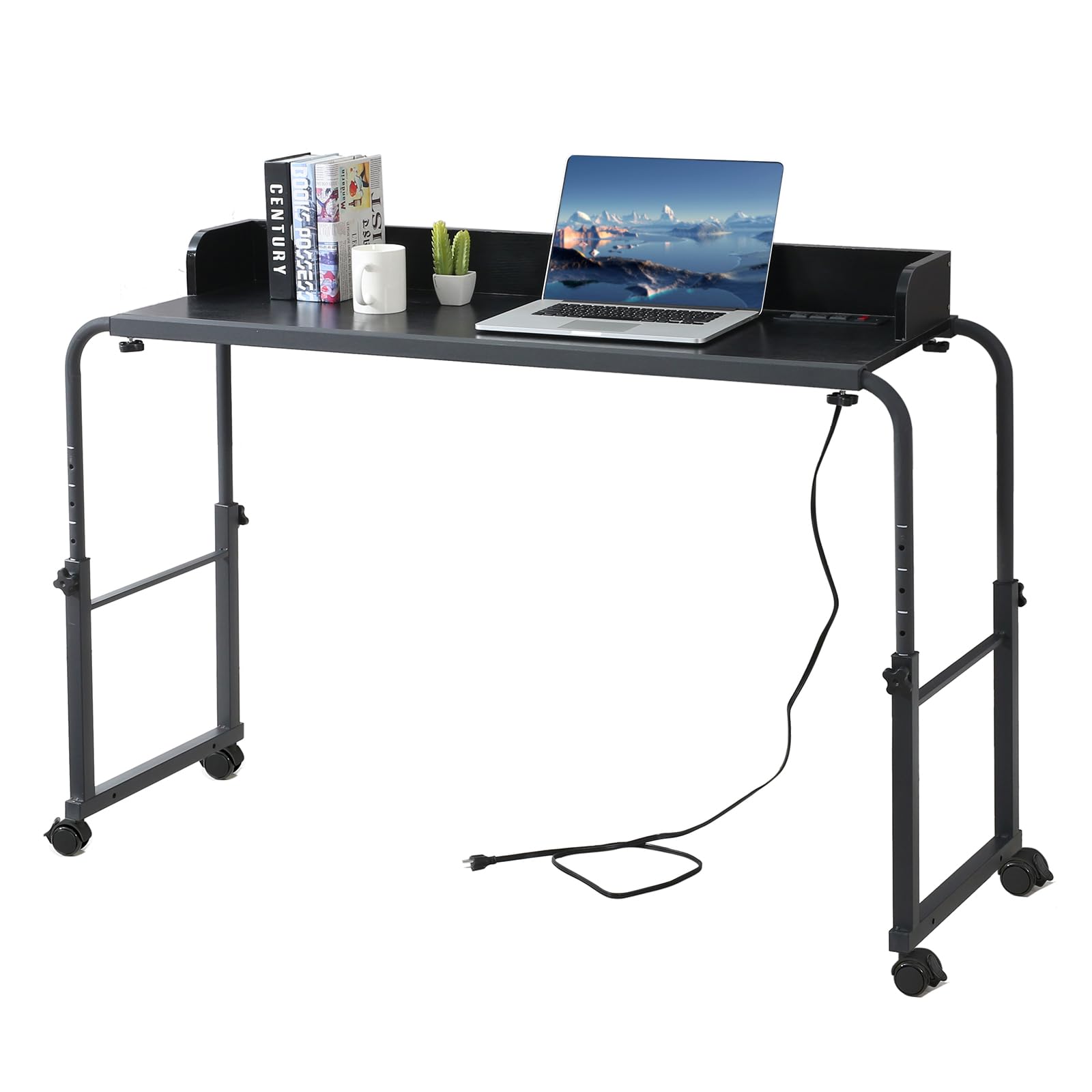 NOVII Overbed Table with Power Outlet,Wheels,Adjustable Height,Mobile Queen Size Bed Table Suitable for Home Office（Black）