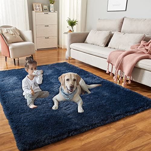 YQQRIGRO 5x7 Feet Rugs for Bedroom, Navy Blue Super Soft Shaggy Fluffy Carpets, Indoor Modern Plush Fuzzy Non-Slip Area Rugs for Living Room Dorm Kids Boys Girls Room