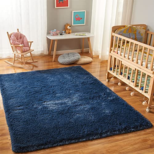 YQQRIGRO 5x7 Feet Rugs for Bedroom, Navy Blue Super Soft Shaggy Fluffy Carpets, Indoor Modern Plush Fuzzy Non-Slip Area Rugs for Living Room Dorm Kids Boys Girls Room