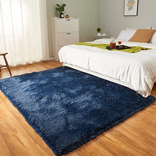 YQQRIGRO 5x7 Feet Rugs for Bedroom, Navy Blue Super Soft Shaggy Fluffy Carpets, Indoor Modern Plush Fuzzy Non-Slip Area Rugs for Living Room Dorm Kids Boys Girls Room