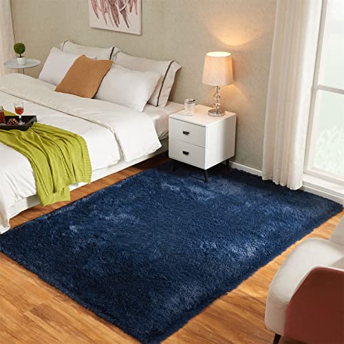 YQQRIGRO 5x7 Feet Rugs for Bedroom, Navy Blue Super Soft Shaggy Fluffy Carpets, Indoor Modern Plush Fuzzy Non-Slip Area Rugs for Living Room Dorm Kids Boys Girls Room