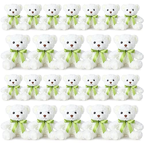 Hungdao 24 Pcs Bear Bulk Plush Stuffed Animals 10 Inch Cute Soft Stuffed Bear with Green Bow for Baby Shower Birthday Party Gift (White)