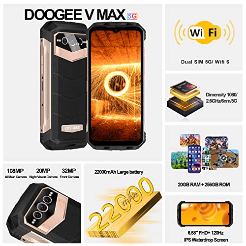 DOOGEE V MAX (2023) 5G Rugged Smartphone, 22000mAh 20GB+256GB Android 12 Rugged Phones Unlocked, 120Hz 6.58" Rugged Cell Phone, Dual Hi-res Speakers, 108MP Main Camera, Night Vision, NFC, OTG