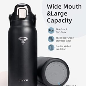 Topre 64 oz Insulated Water Bottle, Half Gallon Vacuum Double Walled Stainless Steel Large Metal Flask, Wide Mouth Jug with Handle Straw Auto Chug Lids,Keeps Cold & Hot for Sports Gym,Black