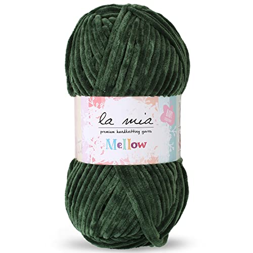 1 Skein La Mia Mellow Chenille Yarn for Knitting and Crocheting Baby Clothes, Blankets and Accessories, 100% Polyester, 100 gr (3.5 oz) / 115 m (125 Yards), Green - 938