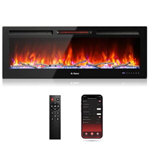 turbro 50” smart wifi infrared electric fireplace with sound crackling and realistic flame, 1500w quartz heater, recessed or wall mounted, adjustable flame effects, remote control and app, in flames