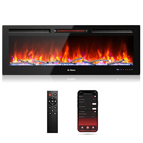 TURBRO 50” Smart WiFi Infrared Electric Fireplace with Sound Crackling and Realistic Flame, 1500W Quartz Heater, Recessed or Wall Mounted, Adjustable Flame Effects, Remote Control and App, in Flames