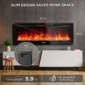 TURBRO 50” Smart WiFi Infrared Electric Fireplace with Sound Crackling and Realistic Flame, 1500W Quartz Heater, Recessed or Wall Mounted, Adjustable Flame Effects, Remote Control and App, in Flames