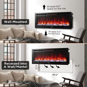 TURBRO 50” Smart WiFi Infrared Electric Fireplace with Sound Crackling and Realistic Flame, 1500W Quartz Heater, Recessed or Wall Mounted, Adjustable Flame Effects, Remote Control and App, in Flames