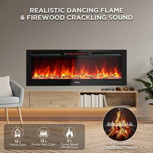 TURBRO 50” Smart WiFi Infrared Electric Fireplace with Sound Crackling and Realistic Flame, 1500W Quartz Heater, Recessed or Wall Mounted, Adjustable Flame Effects, Remote Control and App, in Flames