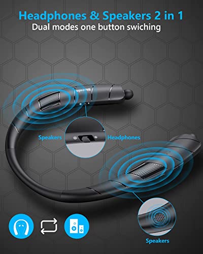 Bluetooth Headphones Speaker 2 in 1，Wireless Neckband Headphones Retractable Earbuds with Built-in TF Memory Card，3D Stereo Sound Wearable Speaker Personal Sports Headset Built in Mic (Black 2023)