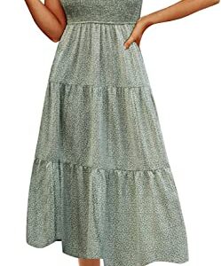 Hount Smocked Bohemian Dresses for Women Plus Size Casual Flowing Summer Modest Beach Dress with Pockets (FL1,XL)