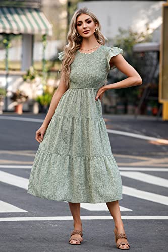 Hount Smocked Bohemian Dresses for Women Plus Size Casual Flowing Summer Modest Beach Dress with Pockets (FL1,XL)