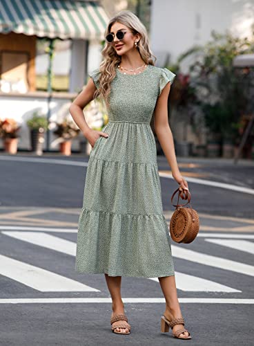 Hount Smocked Bohemian Dresses for Women Plus Size Casual Flowing Summer Modest Beach Dress with Pockets (FL1,XL)