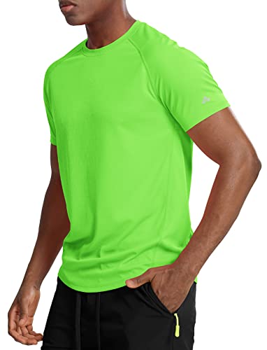 Zengjo Quick Dry Shirts for Men Athletic Performance Short Sleeve Light Weight(Neon Green,S)