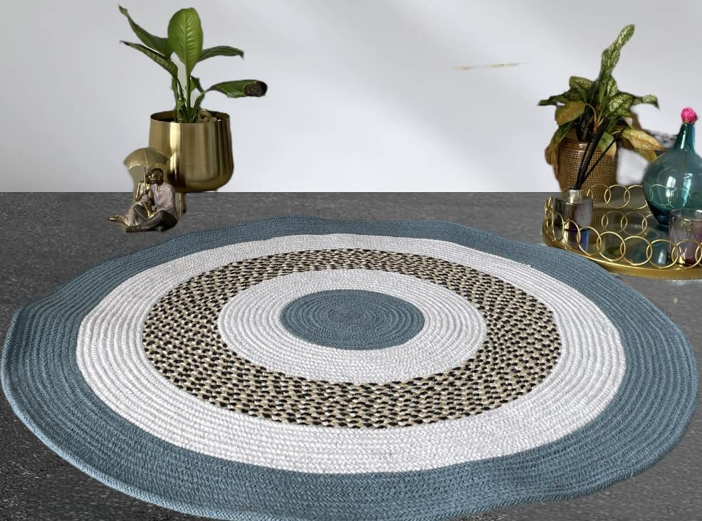 The Weaving Buddha Organic Round Cotton Mat Braided and Woven for Home Decor 3 feet (36 inches) Blue and White …