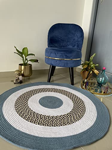 The Weaving Buddha Organic Round Cotton Mat Braided and Woven for Home Decor 3 feet (36 inches) Blue and White …