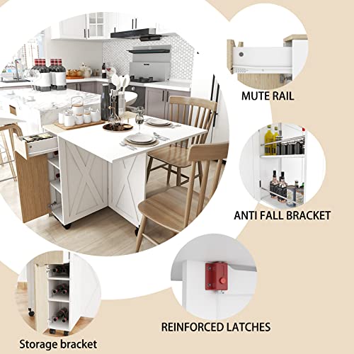 3imothrix Folding Dining Table, Dinner Table with Drawer and Storage and Shelves, Space Saving Dining Table with 6 Wheels, Kitchen Table for Small Spaces (White)