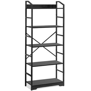 vagusicc industrial display standing bookshelf, 5-tier tall bookcase wood book shelf, modern book shelf storage organizer steel frame, multipurpose bookshelf for living room/bedroom/kitchen/bathroom