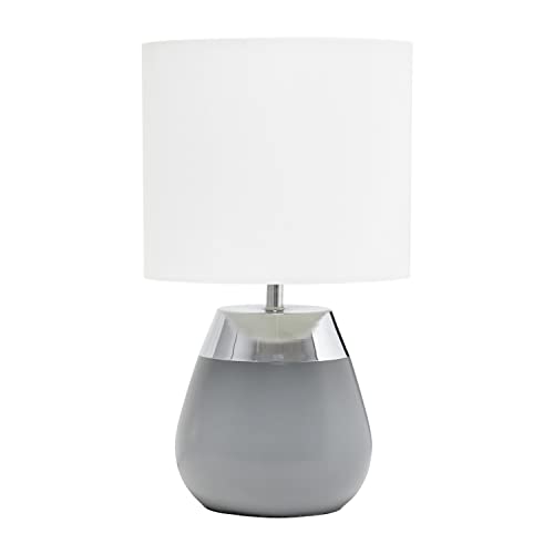 Simple Designs LT1106-GRY 14" Tall Modern 2 Tone Metallic Chrome & Gray Metal Bedside 4 Settings Touch Table Desk Lamp w White Fabric Drum Shade for Décor, Bedroom, Living Room, Dining Room, Office