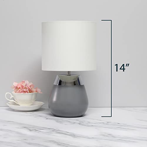 Simple Designs LT1106-GRY 14" Tall Modern 2 Tone Metallic Chrome & Gray Metal Bedside 4 Settings Touch Table Desk Lamp w White Fabric Drum Shade for Décor, Bedroom, Living Room, Dining Room, Office