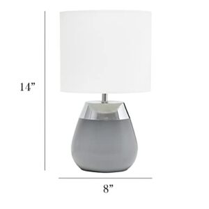 Simple Designs LT1106-GRY 14" Tall Modern 2 Tone Metallic Chrome & Gray Metal Bedside 4 Settings Touch Table Desk Lamp w White Fabric Drum Shade for Décor, Bedroom, Living Room, Dining Room, Office