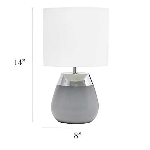 Simple Designs LT1106-GRY 14" Tall Modern 2 Tone Metallic Chrome & Gray Metal Bedside 4 Settings Touch Table Desk Lamp w White Fabric Drum Shade for Décor, Bedroom, Living Room, Dining Room, Office