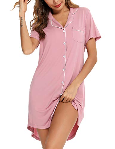 Gepansis Women's Short Sleeve Button Front Sleepshirt Softt Nightgown Boyfriend Nightshirt Sleepwear Pink