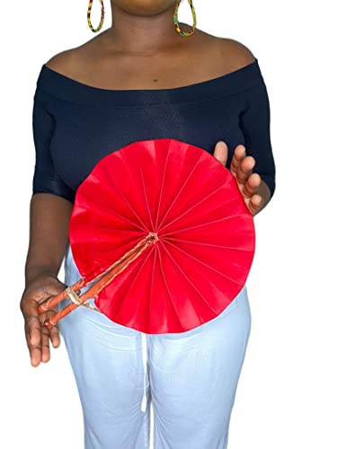 African Fabric Folding Fan/Church fan/Ankara fan/Leather folding fan/Wedding fan/Sport fan/Red African fan/Pouch Included!