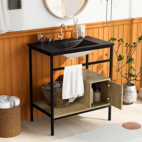 Polibi 30" Bathroom Vanity with Single Sink, Bathroom Cabinet with Metal Frame and Base Wooden Cabinet, Black