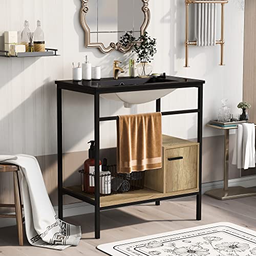 Polibi 30" Bathroom Vanity with Single Sink, Bathroom Cabinet with Metal Frame and Base Wooden Cabinet, Black