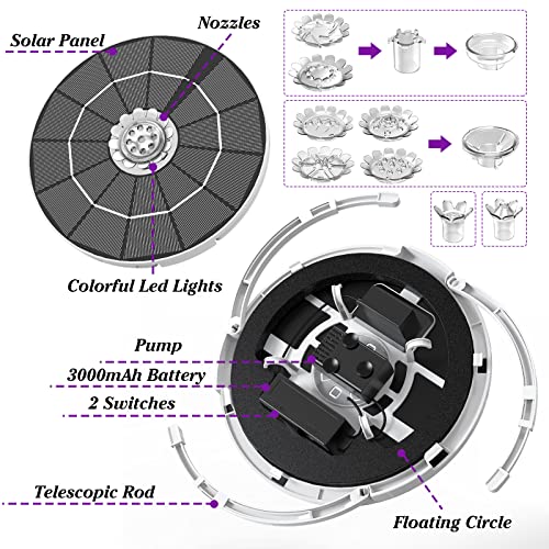 AMZtime Solar Fountain with Light, 5.5W LED Light Solar Birdbath Fountain, 3000mAh Battery & 8 Nozzles Solar Fountain Pump for Pond, Birdbath, Pool, Garden.