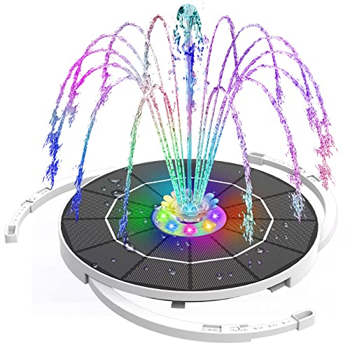 AMZtime Solar Fountain with Light, 5.5W LED Light Solar Birdbath Fountain, 3000mAh Battery & 8 Nozzles Solar Fountain Pump for Pond, Birdbath, Pool, Garden.