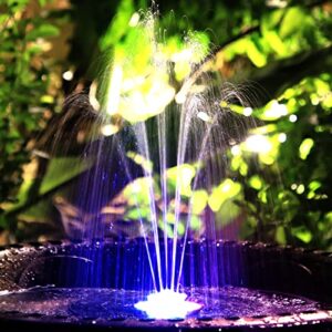 AMZtime Solar Fountain with Light, 5.5W LED Light Solar Birdbath Fountain, 3000mAh Battery & 8 Nozzles Solar Fountain Pump for Pond, Birdbath, Pool, Garden.