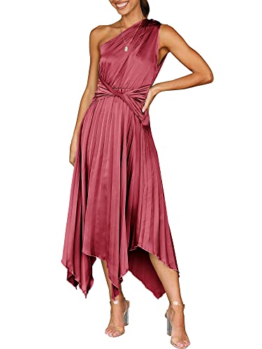 ANRABESS Women's Summer One Shoulder Elegant Cocktail Party Midi Dress Sleeveless Pleated Asymmetric Satin Evening Night Dress Wedding Guest Graduation Prom Dresses 751zaohong-S Maroon