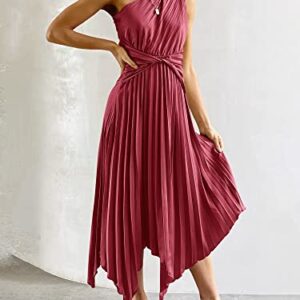 ANRABESS Women's Summer One Shoulder Elegant Cocktail Party Midi Dress Sleeveless Pleated Asymmetric Satin Evening Night Dress Wedding Guest Graduation Prom Dresses 751zaohong-S Maroon